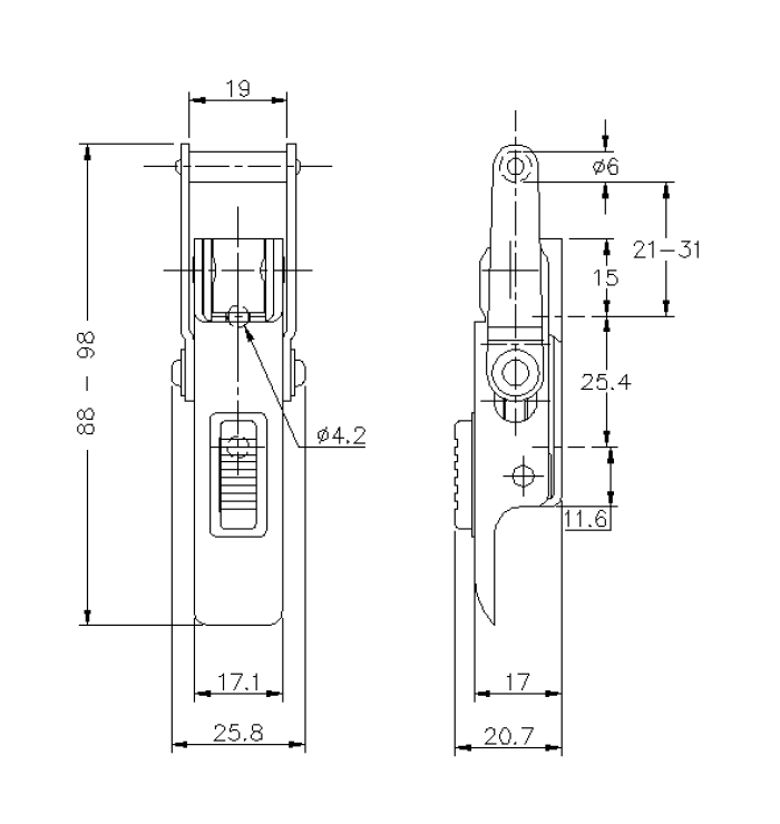 Toggle latch, stainless steel, L=98, B=25,8, H=20,7, adjustable