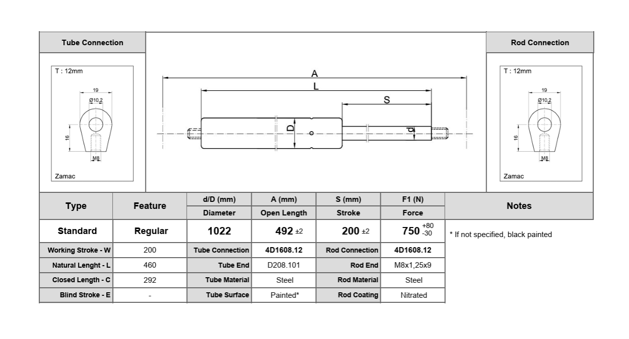 Gas spring, steel, M8 thread, stroke length = 200 mm, force = 750 N